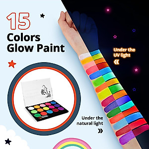 Skymore Glow in The Dark UV Body Paint 15pcs Face Paints for Kids & UV Neon Glow Face Painting Kits with 2 Brushes&Stencils for Halloween and Parties, Washable, Hypoallergenic