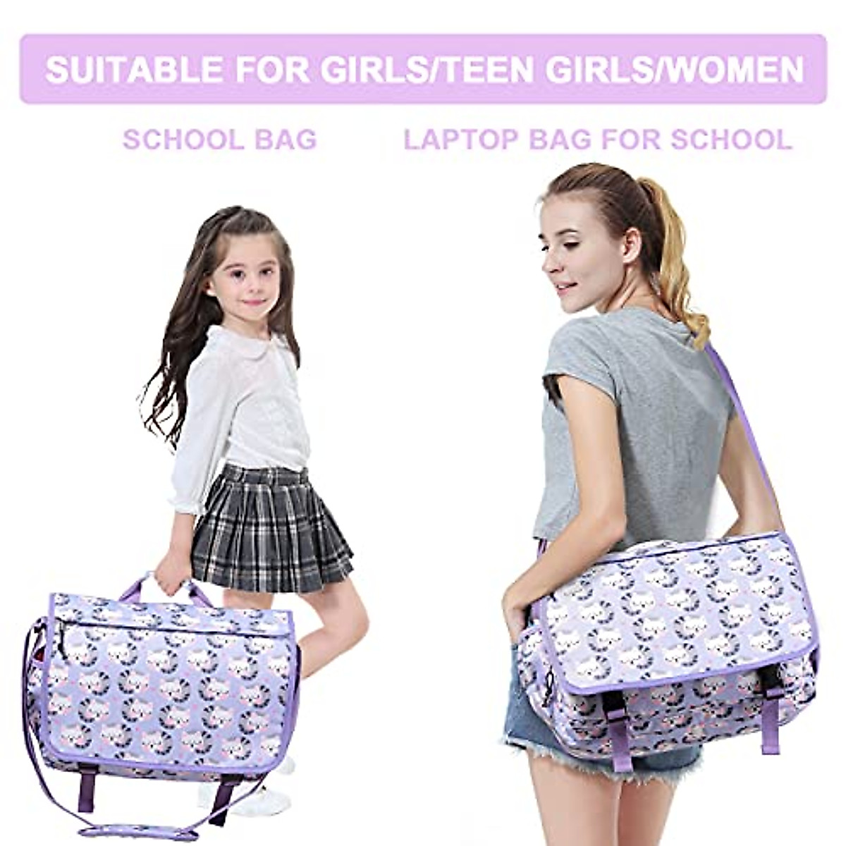 VASCHY Messenger Bag for Kids, Cute 15.6inch Laptop Crossbody School Bag for Boys Girls Teens Women Cats