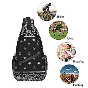 Crossbody Sling Backpack Vintage Black Paisley Bandana Men Women Hiking Chest Shoulder Bag