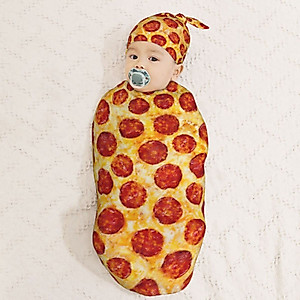 Muishi Funny Pepperoni Pizza Food Texture Newborn Swaddle Blankets Hat Sets Soft Baby Receiving Blanket Swaddle Sack for Baby Shower Infant Boy Girl Gift