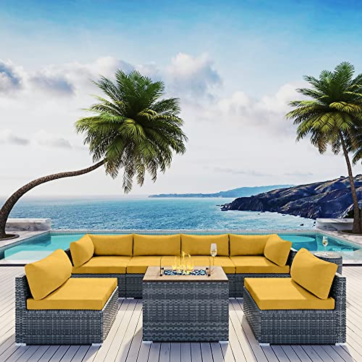 MODENZI Outdoor Sectional Patio Furniture Set with Propane Fire Pit Table Grey Resin Wicker Phoenix Collection Sofa Set (Yellow with Ice Bucket)
