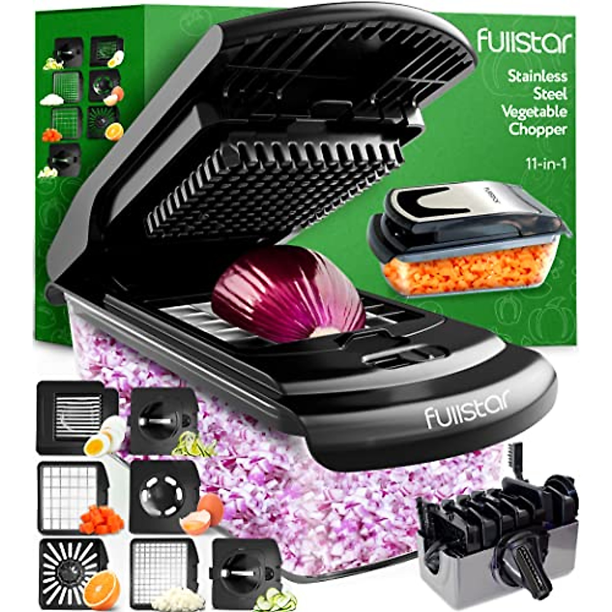 Fullstar Vegetable Chopper - Spiralizer Vegetable Slicer - Onion Chopper with Container - Pro Food Chopper - Black Slicer Dicer Cutter - 7 Blades