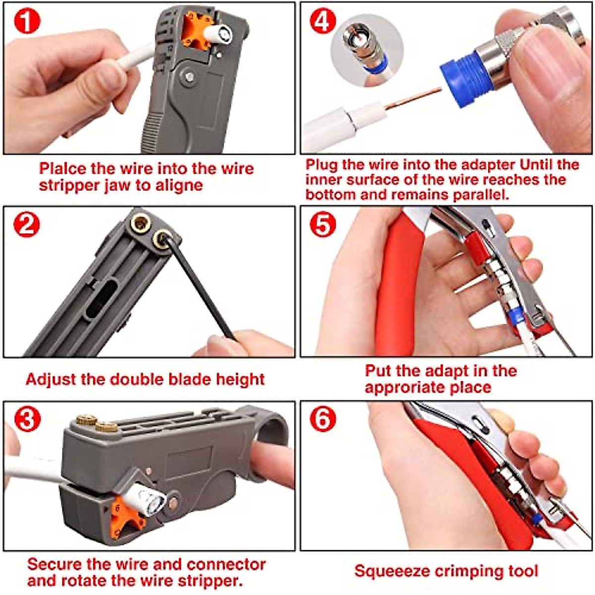 Taiss Coax Cable Crimper Tool Kit,Coaxial Cable Stripper,coax cable crimper,with 20 PCS F Style RG6 Compression connectors,RG6 Coaxial Cable Compression Tool Kit