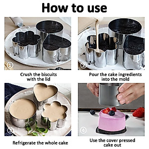 LIOUCBD 5PCS Cake Ring Mold Set, Stainless Steel Round Dessert Mousse Mold, 5 Shaped Cake Cutters with Pusher and Lifter Baking Rings for Making Salads Cakes Cookie Tiramisu Sandwiches