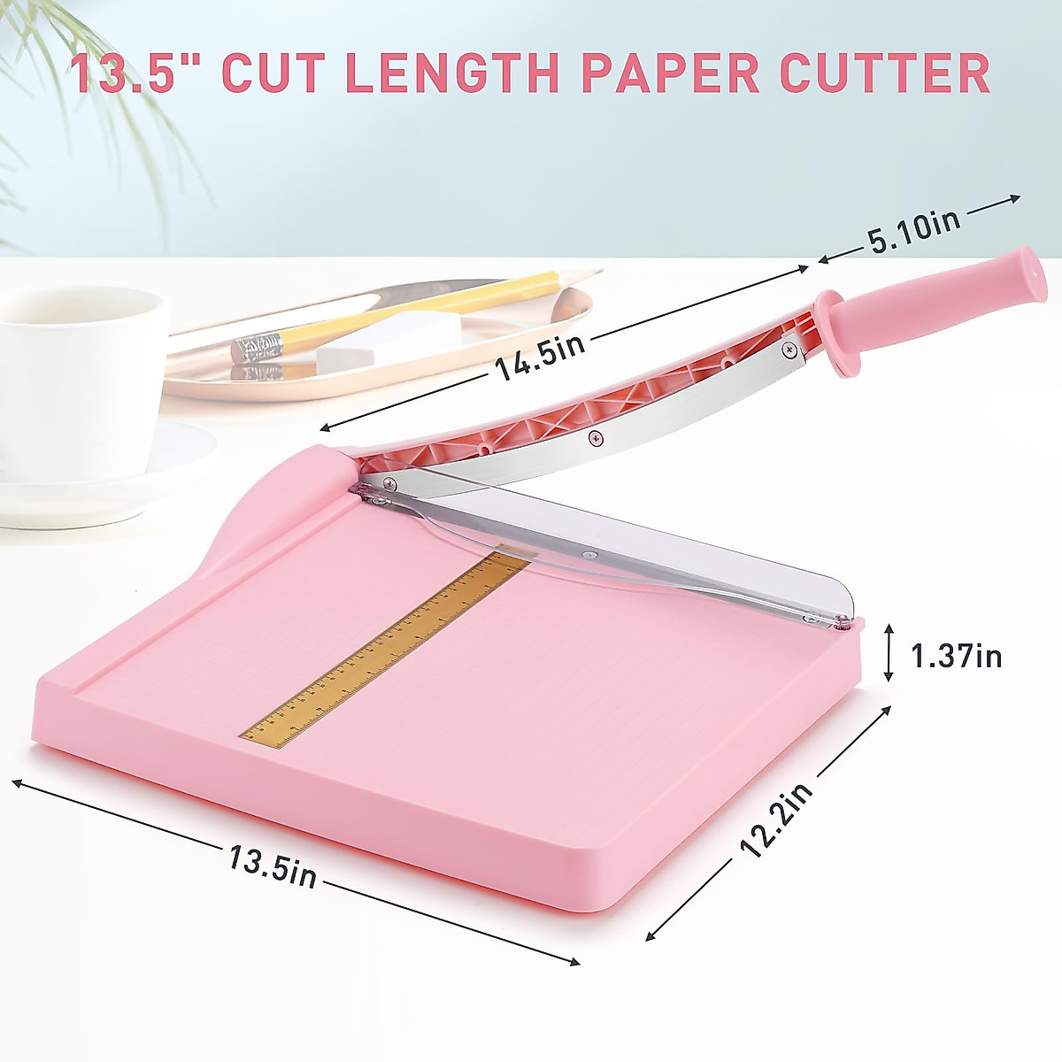 Paper Cutter, Paper Trimmer with Safety Guard, 12" Cut Length Paper Slicer with 16 Sheet Capacity Paper Cutting Board,Guillotine Paper Cutters and Trimmers for Cardstock Cardboard Vinyl (Pink)