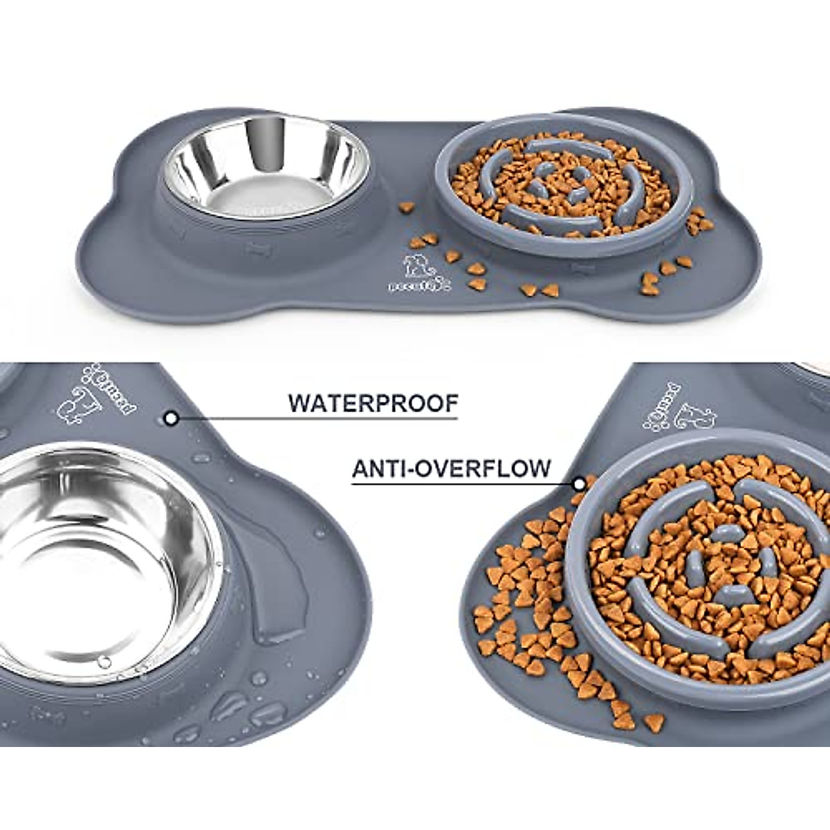 Pecute Dog Bowl Slow Feeder Bloat Stop Pet Bowl Eco-Friendly Non-Toxic No Choking Healthy Design Bowl with No-Spill Non-Skid Silicone Mat Stainless Steel Water Bowl for Dogs Cats and Pets