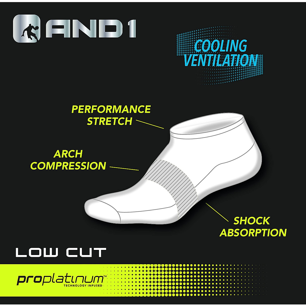 AND1 Men's Socks - Athletic Cushion Low Cut Socks (12 Pack), Size 6-12.5, White