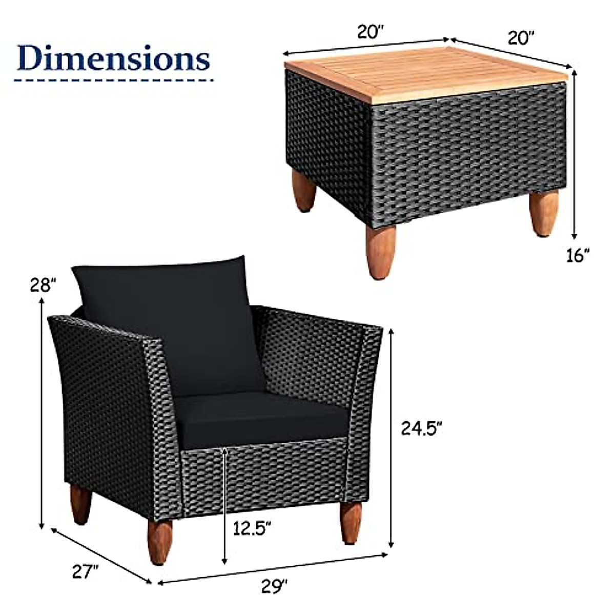 Tangkula 3 Piece Patio Furniture Set, Patiojoy Outdoor Wicker Rattan Bistro Sofa Set w/Washable Cushion, Acacia Wood Top Coffee Table, Conversation Set w/Adjustable Feet for Balcony Backyard Porch