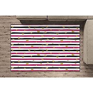 Gold and White Pattern Area Rug, Romantic Teenager Love Sign Hearts on Grunge Stripes Lines Decorative Contemporary Home Decor Hot Pink Black and White 59 x 71 Inch