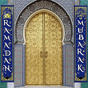 Eid Mubarak Decoration Set Eid Mubarak Porch Sign Ramadan Banner Hanging Decoration for Indoor/Outdoor Decoration Eid Al-fitr Party (Blue)