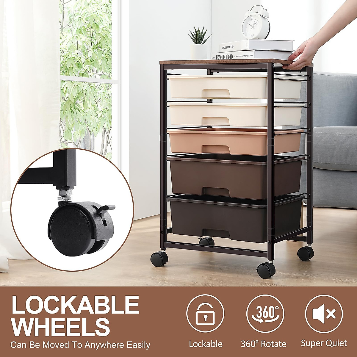 TOOLF Utility Cart with 5 Drawers,Storage Drawer Cart with Wooden Tabletop and Lockable Wheels,Craft Storage Trolley Cart,5-Tier Rolling Utility Cart on Wheels (Brown)
