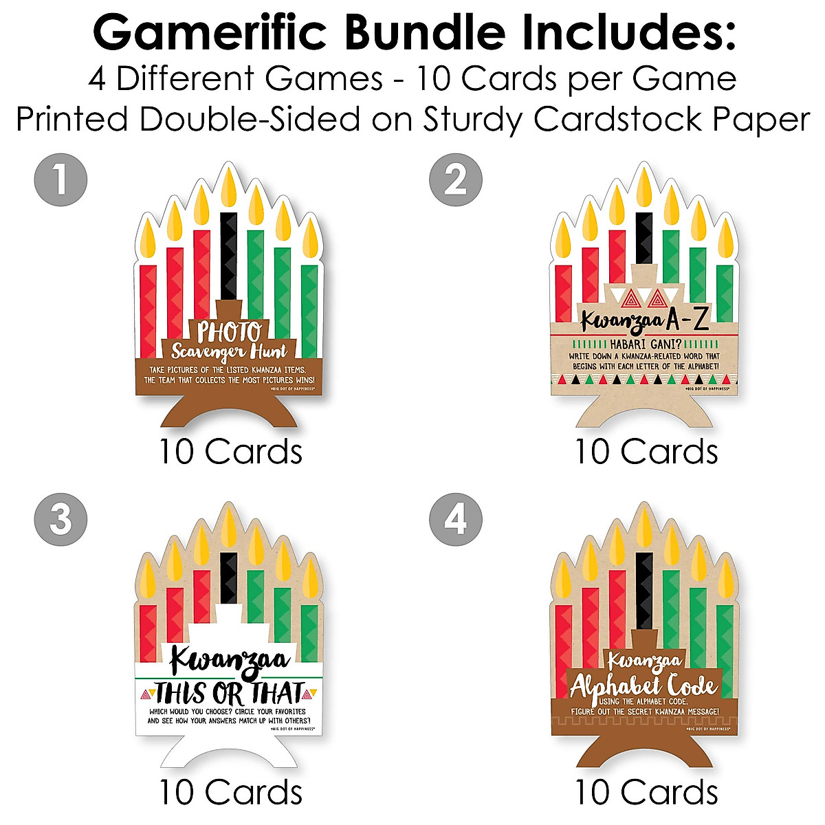 Big Dot of Happiness Happy Kwanzaa - 4 African Heritage Holiday Games - 10 Cards Each - Gamerific Bundle