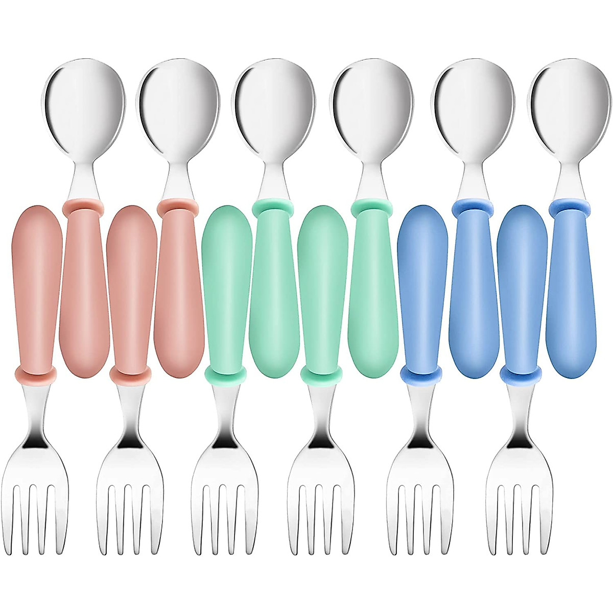 12PCS Toddler Forks & Spoons,Stainless Steel Baby Utensils,Kids Silverware Children's Cutlery Set for Self Feeding,BPA Free Metal Toddler Flatware with Handle for Boys Girls(Mixcolor 6 Spoons 6 Forks)