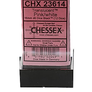 Chessex Polyhedral Translucent 12-Die Set, 16mm 6D Pink/White Dice for Dungeons and Dragons (DND), Role Playing Games, MTG, Pathfinder, Table Game, Board Games
