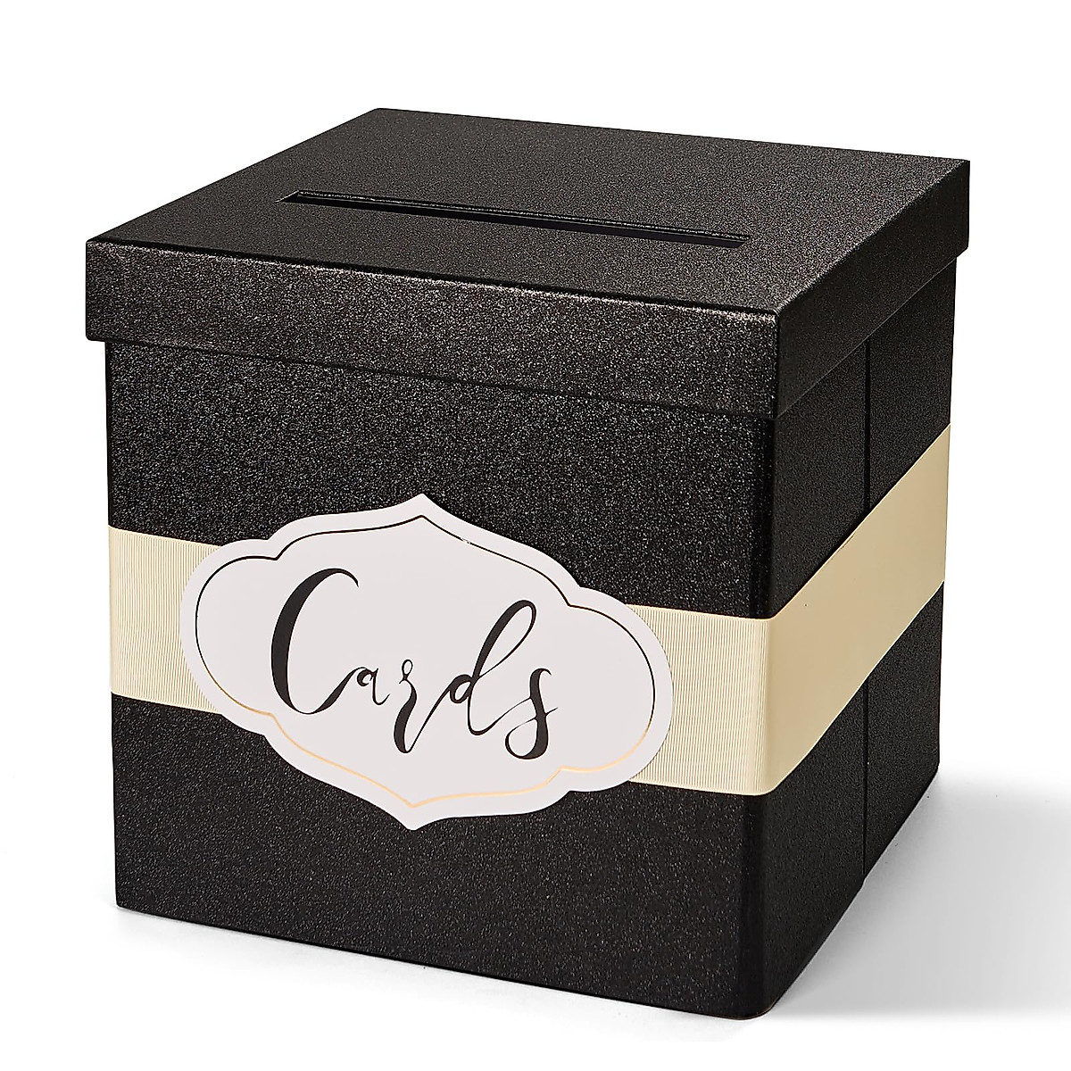 PAPER FAIR Black Glitter Gift Card Box for Reception, Large 10'' with Ribbon, Personalized Card labels, Wedding, Christmas, Birthday, Graduation, Bridal Baby Shower Money Box Party Supply Decor