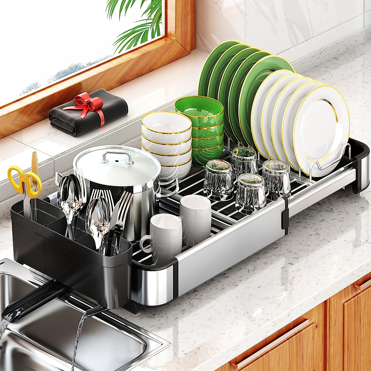 Dish Drying Rack, Kitchen Counter Dish Drainer Rack Auto-Drain, Expandable (14.8 to 22.2 inch) Rustproof Aluminium Large Sink Dish Strainer with Dish Drying Mat and Utensil Holder, Silver