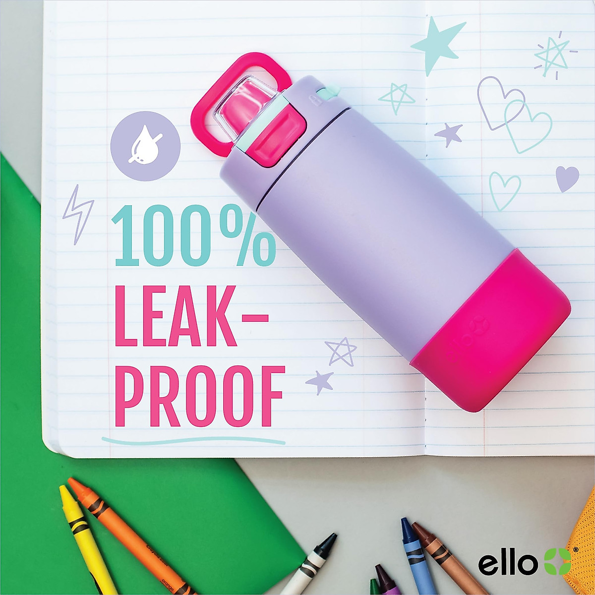Ello Kids Colby 12oz Stainless Steel Insulated Water Bottle with Straw and Built-In Silicone Coaster (Lilac/Pink)