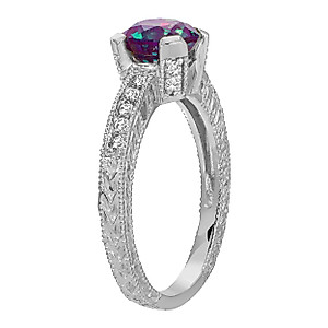 Galaxy Gold GG Size 7.0 14K Solid White Gold Ring with Natural Diamonds & Round Shape Lab. Grown Alexandrite Grade AAA