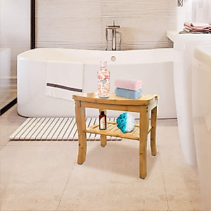 VaeFae Bamboo Shower Bench Bathroom Stool, Spa Bath Shower Stool with Storage Shelf, Wood Bench for Indoor Outdoor Use