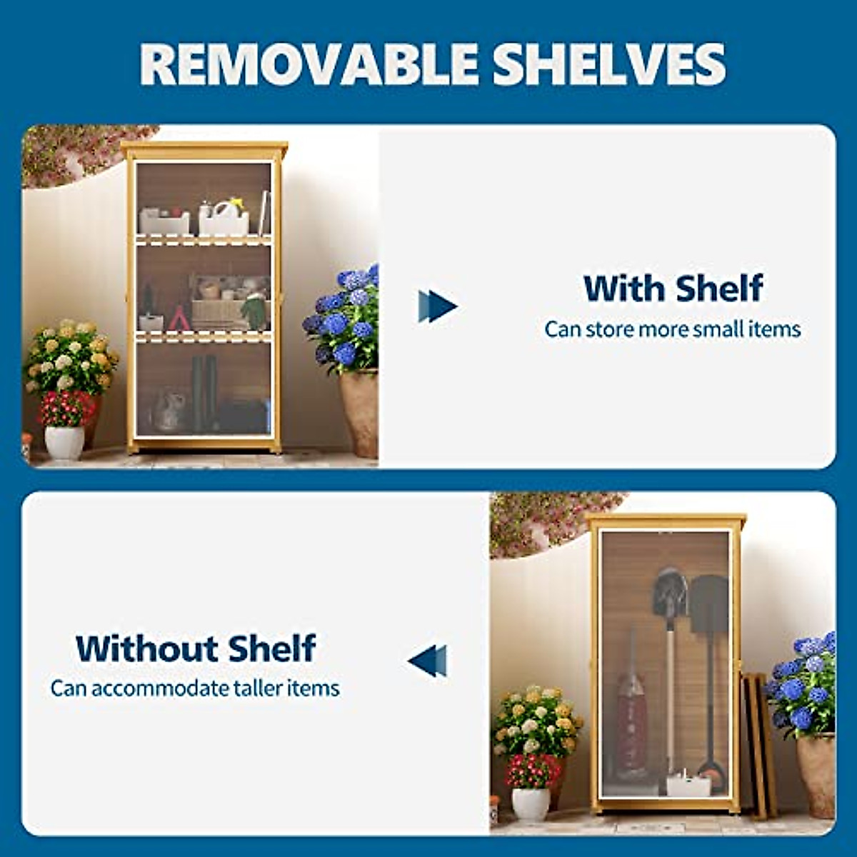 Mingyall Outdoor Wooden Storage Cabinet, Patio Storage Shed with 3 Removable Shelves, Waterproof Roof and Locker, Outside Vertical Tool Storage Cabinets for Garden, Lawn, Backyard, Yellow