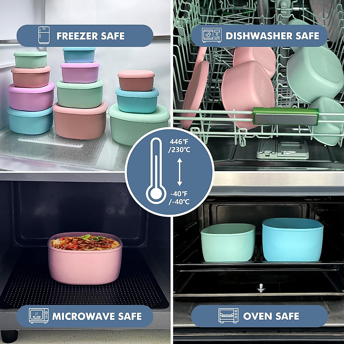 Anatole Silicone Food Storage Containers 4 Pcs Lunch Bento Box with Lids Leakproof Dishwasher Microwave Oven Freezer Safe BPA Free CPC Certified (30oz 20oz 10oz 6.7oz)