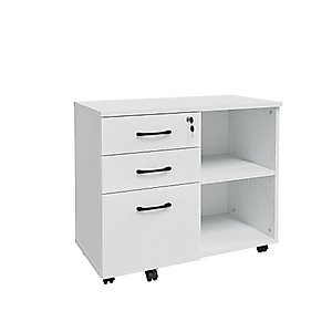 Gyger 3 Drawer File Cabinet for Home Office, Lateral Filing Cabinet with Open Storage Shelf, Mobile Lateral Printer Stand with Wheels and Storage，Wood File Cabinet with Lock(White)