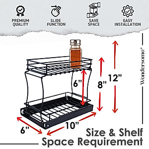 Wondersome Pull-Out Spice Rack Organizer for Cabinet Shelf - Matt Black - 2-Tier Kitchen Jars Organization and Storage Tray - EZ-Slide Rolling Drawer Wheels - Assembles in Moments - US-Based Brand