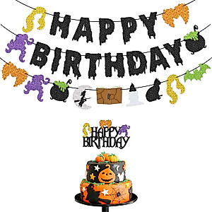 Hocus Pocus Happy Birthday Banner Garland Happy Birthday Cake Topper for Hocus Pocus Halloween Birthday Party Supplies Decorations