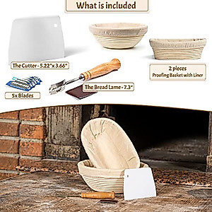 Bread Banneton Proofing Basket Set of 2-10 Inch Oval, and 9 Inch Round + Premium Bread Lame and Slashing Scraper, the ideal Baking Bowl for Sourdough and Yeast Bread Dough
