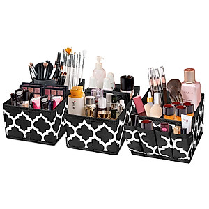 Makeup Drawer Organizer - Small Baskets Bins for Organizing, Desktop Caddy Storage Organizer, Fabric Portable Divided Box for Bathroom Countertop, Office, Cosmetic, Face Care Set of 3 (Black)