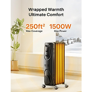 PELONIS Oil Filled Radiator Heater for indoor use Large Room Safe with Thermostat, 1500W Energy Efficient Quiet Space Heater, 3 Heat Settings, Overheat & Tip-Over, Black