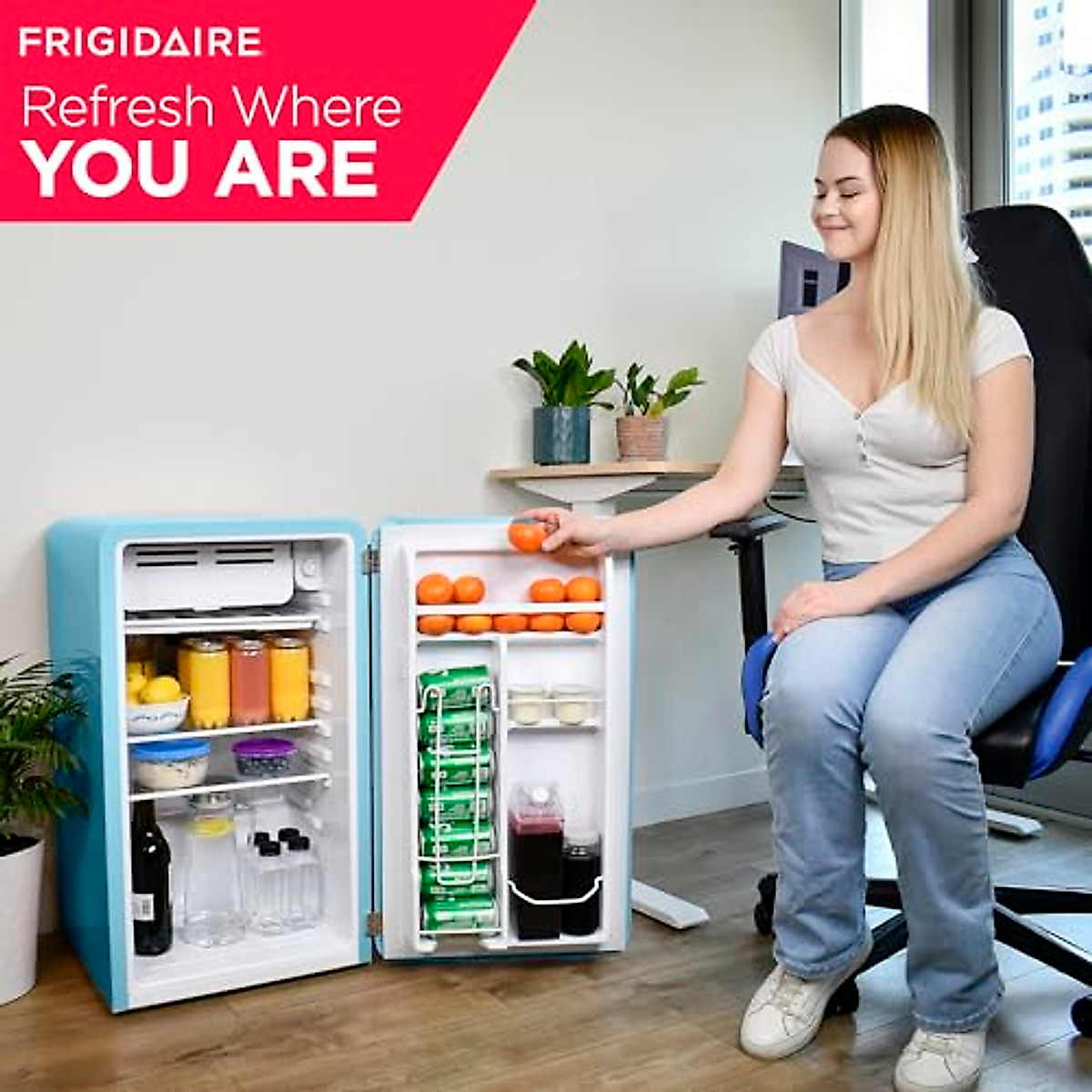 FRIGIDAIRE EFR372-BLUE 3.2 Cu Ft Blue Retro Compact Rounded Corner Premium Mini Fridge