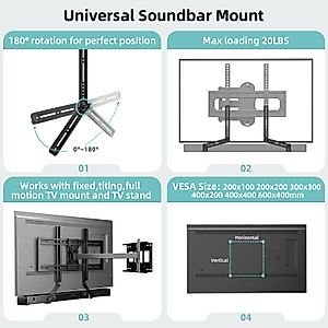 HCMOUNTING Soundbar Mount Bracket, Sound Bar Mounts Under TV or Above TVs Fits Most Sound Bars Up to 20 Lbs, Soundbar TV Mount with 180° Adjustable Extension Plates and L-Shaped Hooks
