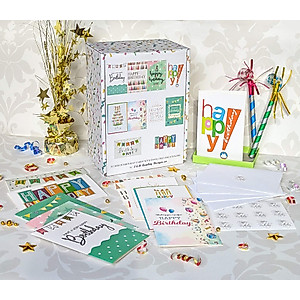 120 Happy Birthday Cards with Short Generic Message Inside , Assorted Greeting Notes Bulk with Envelopes and Stickers, 10 Unique Designs, 4x6 Inch, Thick Cardstock, Sturdy Box for Business and Personal
