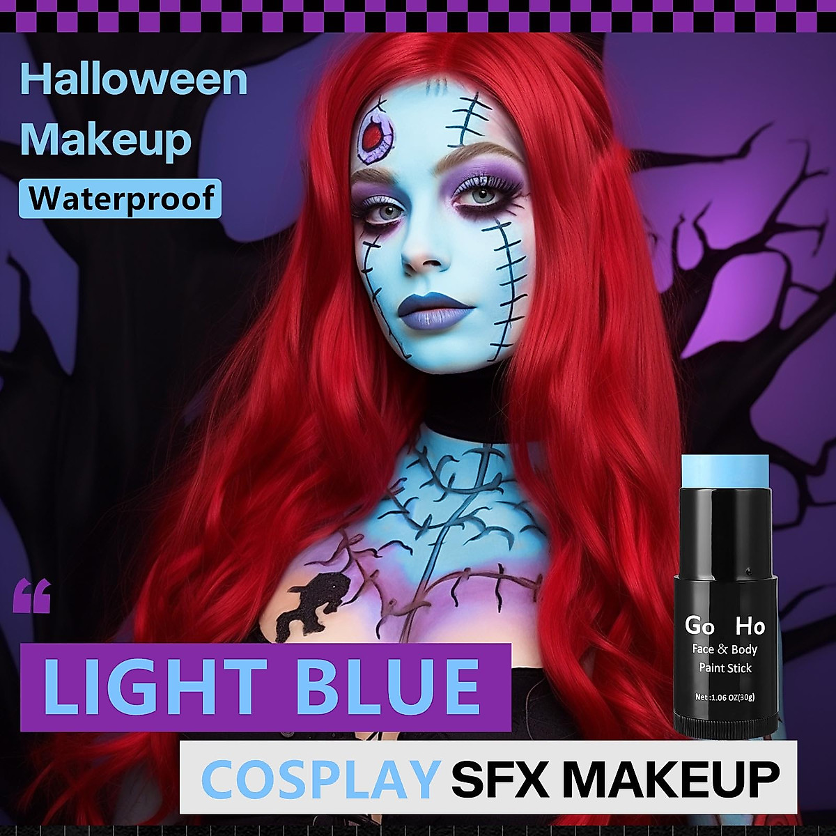 Go Ho Cream-Blendable Light Blue Face Paint Stick (1.06 Oz),Full-coverage Pale Blue Face Body Paint Stick for Halloween Cosplay SFX Corpse Bride Sally Makeup,Waterproof Blue Eye Black Stick