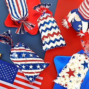 Whaline 160Pcs Patriotic Cellophane Treat Bags Star Wave Stripe Clear Plastic Candy Treat Cello Bags Boys Birthday Party Goodie Gift Bags with Twist Ties for Veterans Memorial Day Party