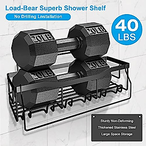 MEINV 5 Packs Shower Caddy Shelves, Black Self Adhesive Shower Shelf Organizer with Hooks and Towel Rod, Wall Mounted Rustproof Stainless Steel Inside Shower Racks No Drilling for Bathroom Kitchen