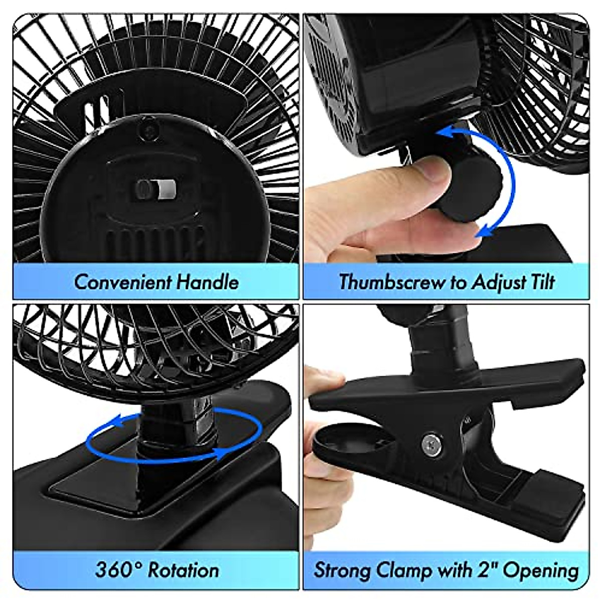 Comfort Zone CZ6XMBK 6” 2-Speed Combo Clip or Desk Fan with Removable Base, Strong Clamp for Firm Grip, Suitable for Bedroom, Office, or Dorm Room, Black