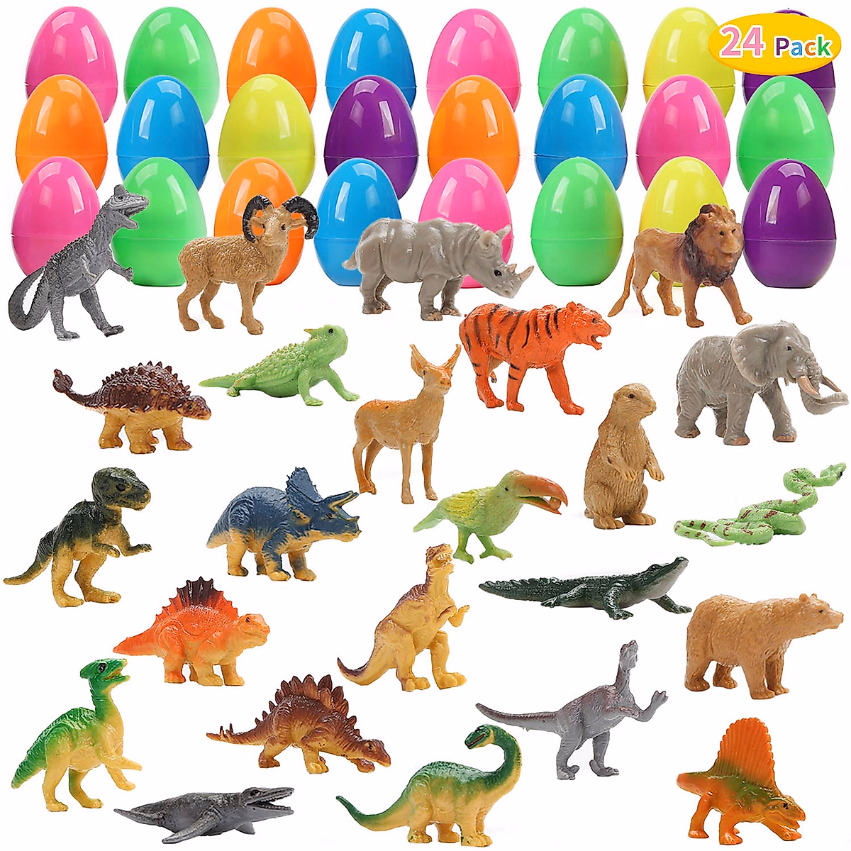 CUTE STONE 24 Pack Filled Easter Eggs with Dinosaurs and Animals, Easter Basket Stuffers Easter Party Favors for Kids
