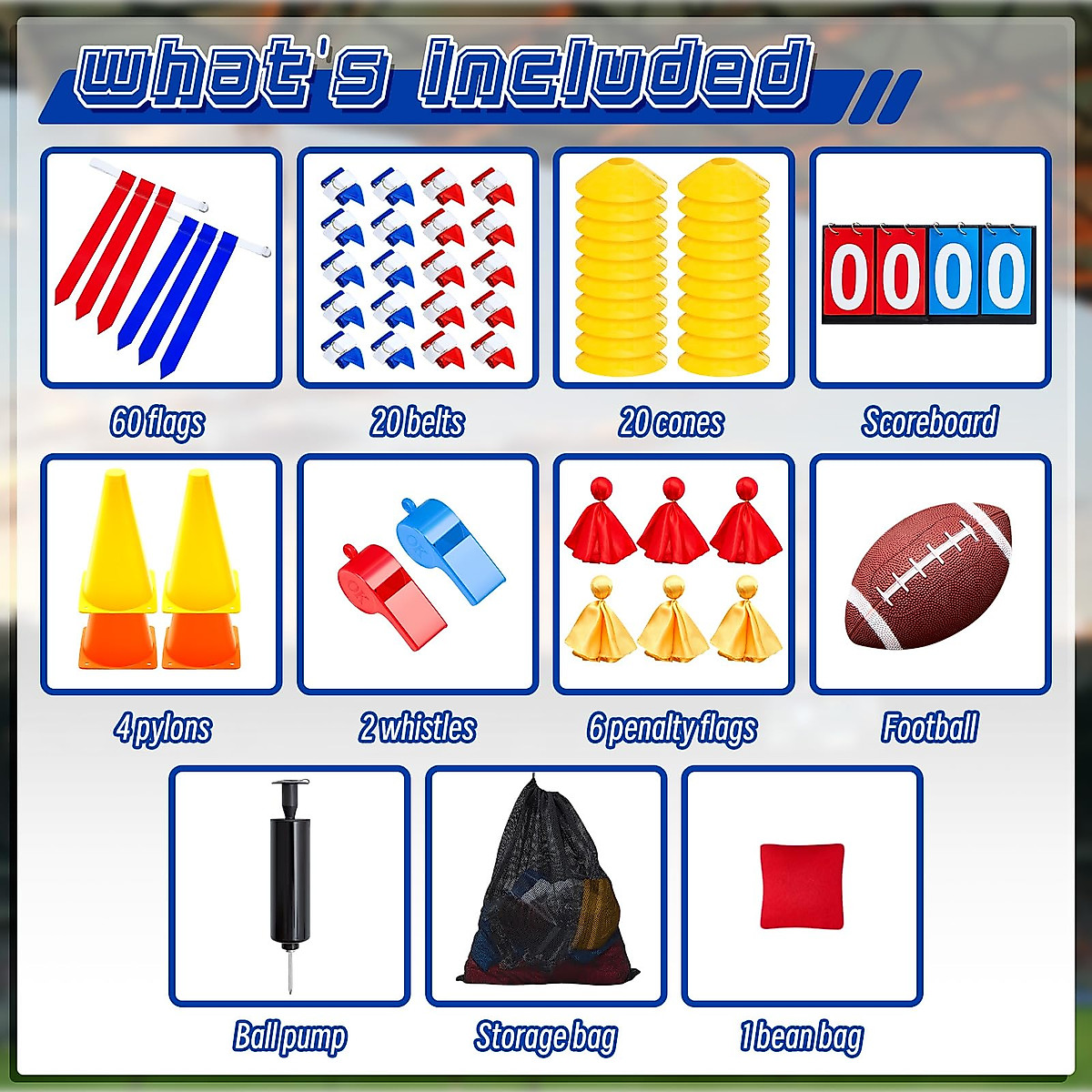 Liliful 20 Player Football Penalty Flags Set, Includes 1 Rugby 20 Adjustable Flag Belts 2 Whistles and Carrying Bag for Adult(Red and Blue)