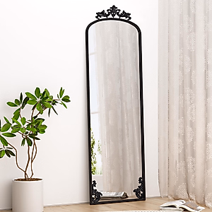 AZODY Arched Mirror Full Length with Stand, 65" x 21" Black Floor Length Mirror with Carved Metal Frame, Full Body Wall Mirror for Home Decor Wedding Entryway Living Room