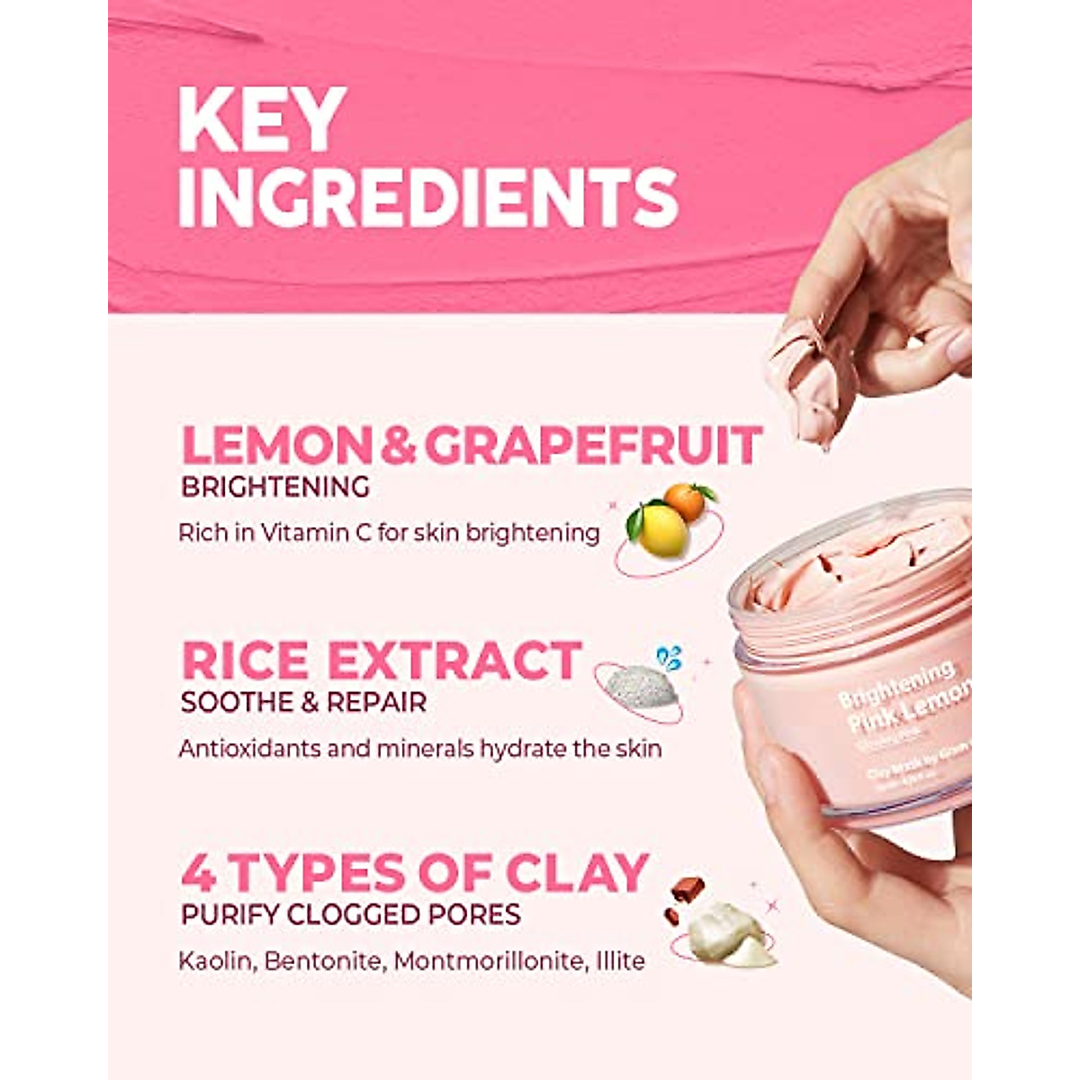 Glam Up Brightening Pink Lemon Clay Mask | Vegan Facial masks, Brightening Pink Clay Mask for Dark Spots | Gentle Exfoliating Hydrating Face Masks Skin care, Pore Cleansing Blackhead remover - (125ml/4.23 Oz)
