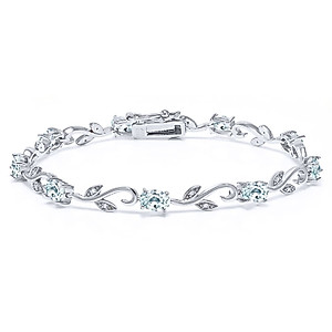 Gem Stone King 4.63 Cttw Oval Sky Blue Aquamarine and Diamond Greek Vine Tennis Bracelet For Women In 925 Sterling Silver | Gemstone Birthstone | Oval 6X4MM | 7 Inch