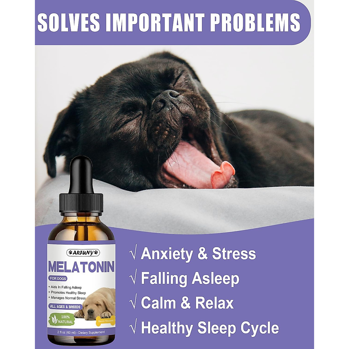 Melatonin for Dogs | 60ML Natural Calming for Dogs Anxiety & Stress with Melatonin, Valerian, Ashwagandha & L-Theanine | Liquid Melatonin for Dogs Helps with Sleep, Thunder, Fireworks | 2 oz, Bacon