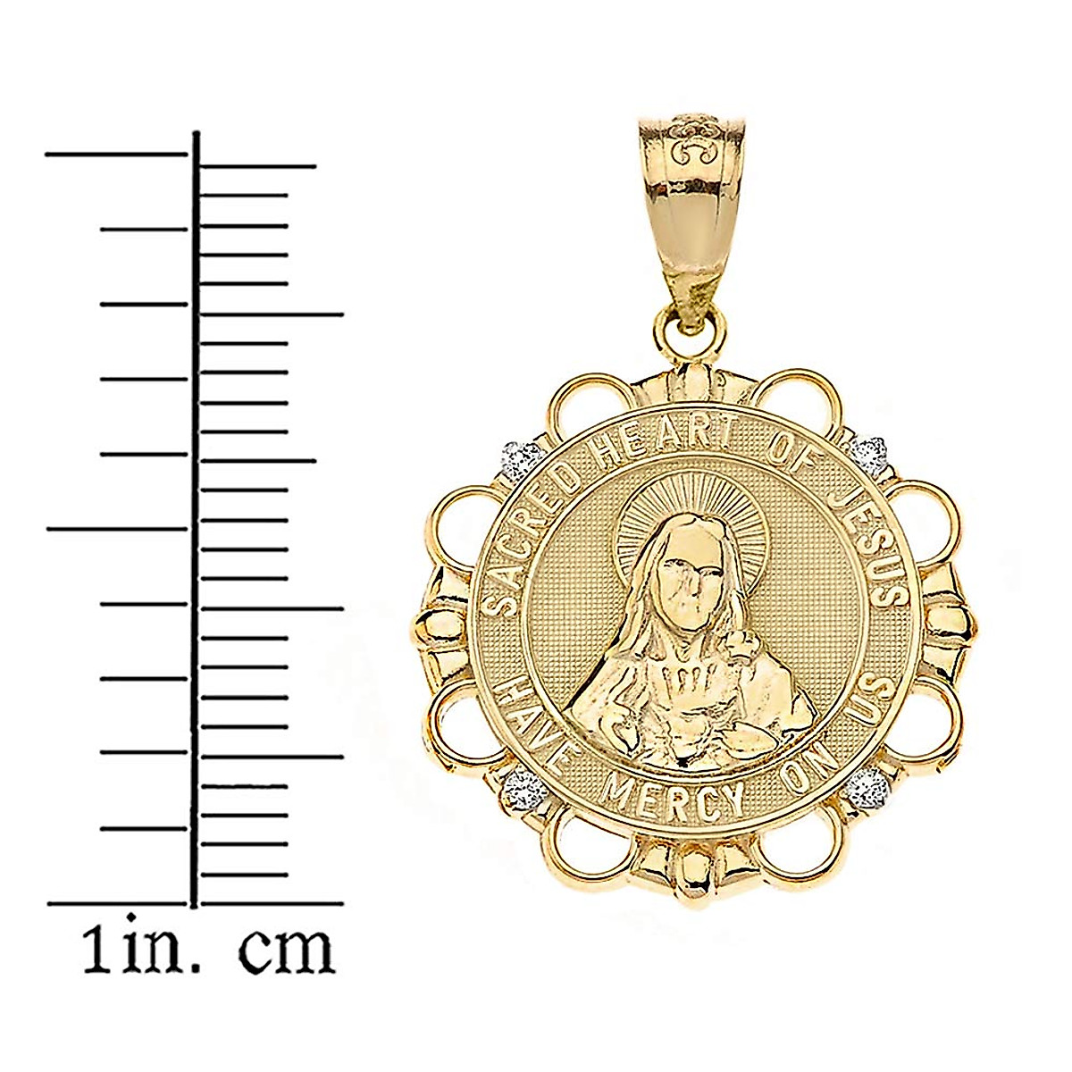 Solid 14k Gold Sacred Heart Of Jesus Diamond Religious Medal Pendant