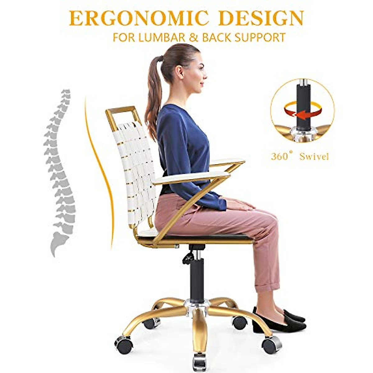 CAROCC Cute White and Gold Desk Chair Gold Office Chair Golden Comfort for Women Office Products Home Office Desk Chair Computer Chair Task Chair Small Vanity Cute Desk Chair (GD-White)