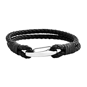 Edforce Braided Genuine Leather 2-Strand Cuff Bracelet with Stainless Steel Clasp (Black)