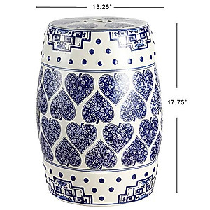 JONATHAN Y TBL1014A Happy Hearts 17.8" Chinoiserie Ceramic Drum Garden Stool, Bohemian, Coastal, Cottage, French Country, Traditional, Transitional, Side Table, Plant Stand, Spill-Proof, Blue/White