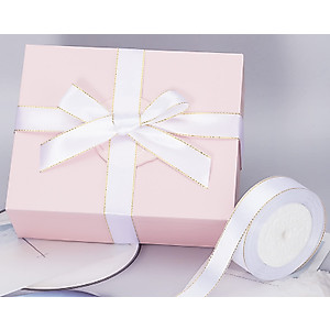 YASEO 25 Yards 1 Inch White Satin Ribbon with Gold Edges, Gold Border Fabric Ribbons for Gift Wrapping and Crafts