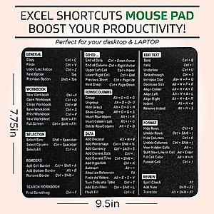 Monilee and Bella Excel Shortcuts Mouse Pad - 66 Reference Cheat Sheet Guide Keyboard Shortcut Formulas - The Ultimate Productivity Tool 7.75" x 9.25" (Solid Black Print)